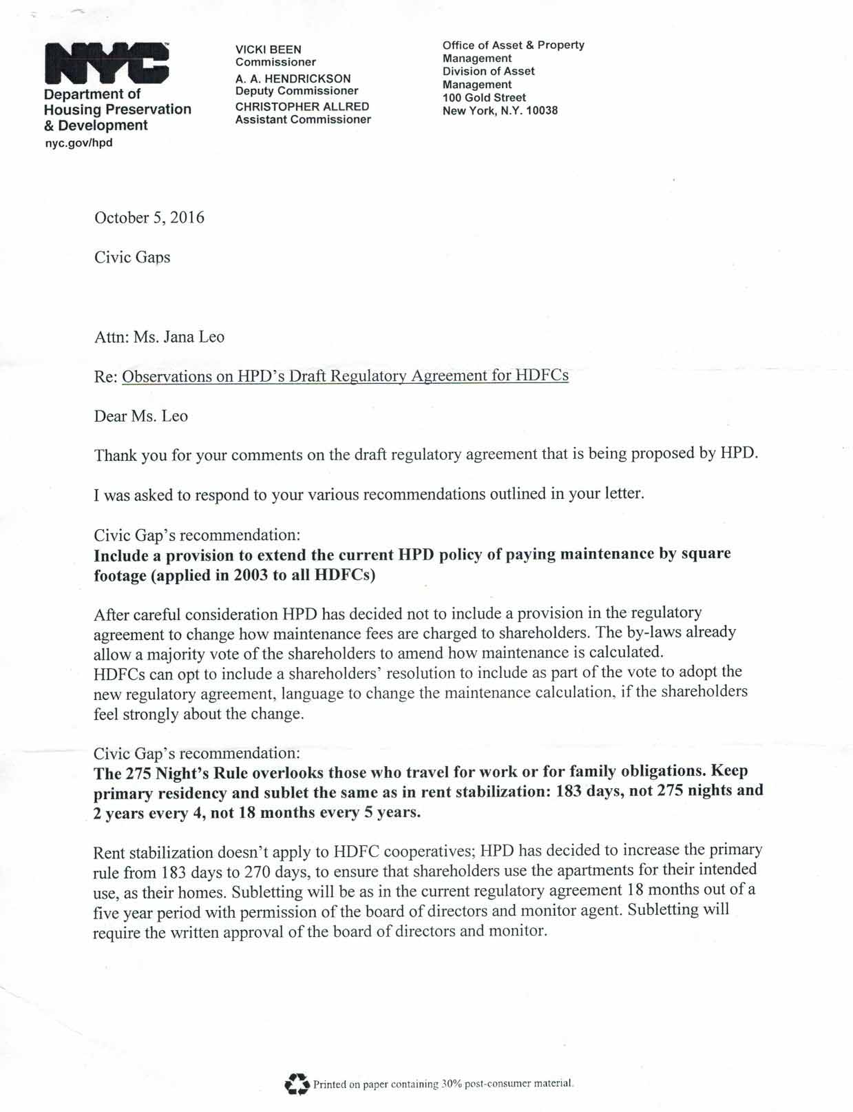 Observations on the Proposed Regulatory Agreement by HPD for the ...